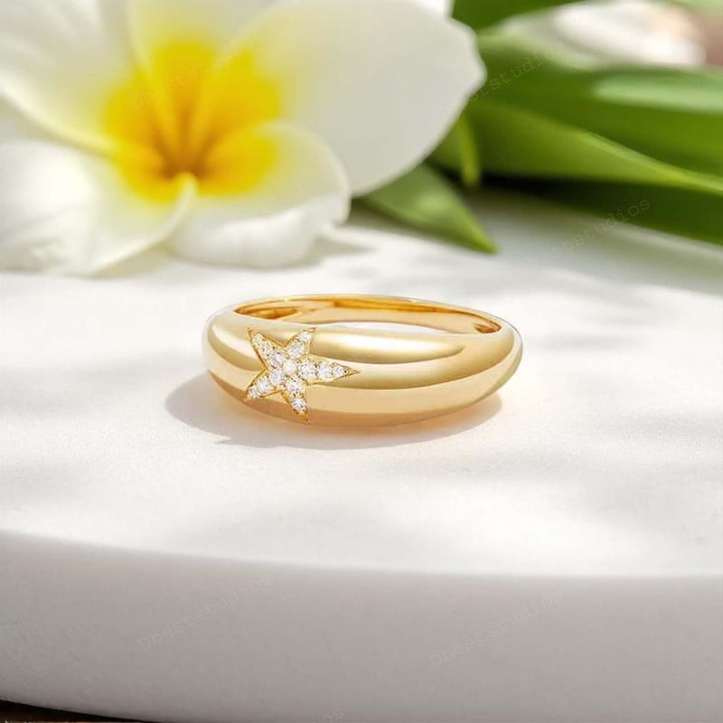DBESTSTUDIOS 2 MM CT Solid Gold Star Dome Ring, 14k Gold Chunky Ring ...