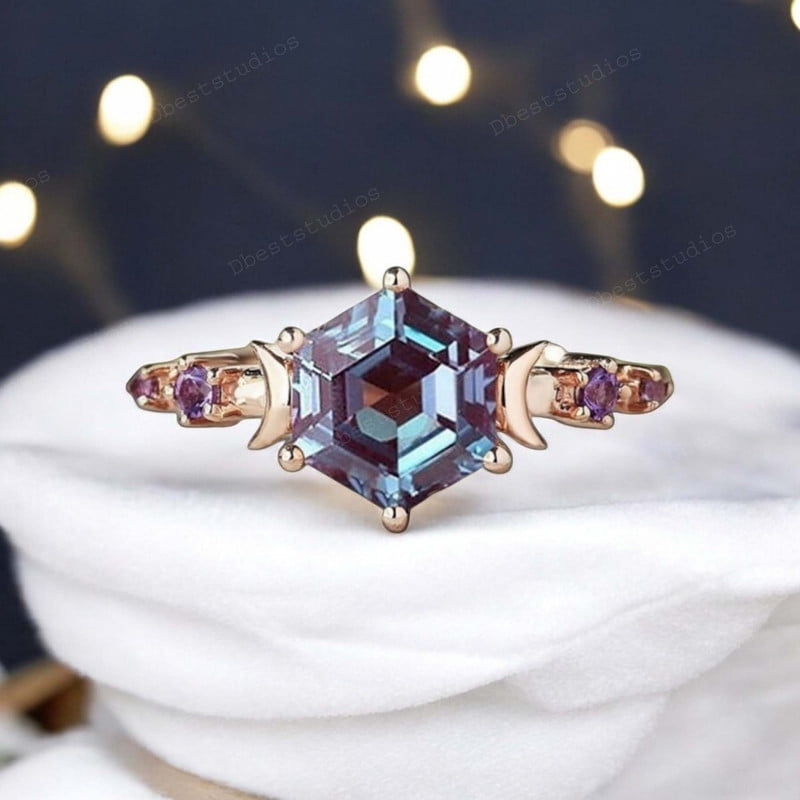 DBESTSTUDIOS 7 mm / Hexagon Cut Alexandrite Engagement Ring Women ...