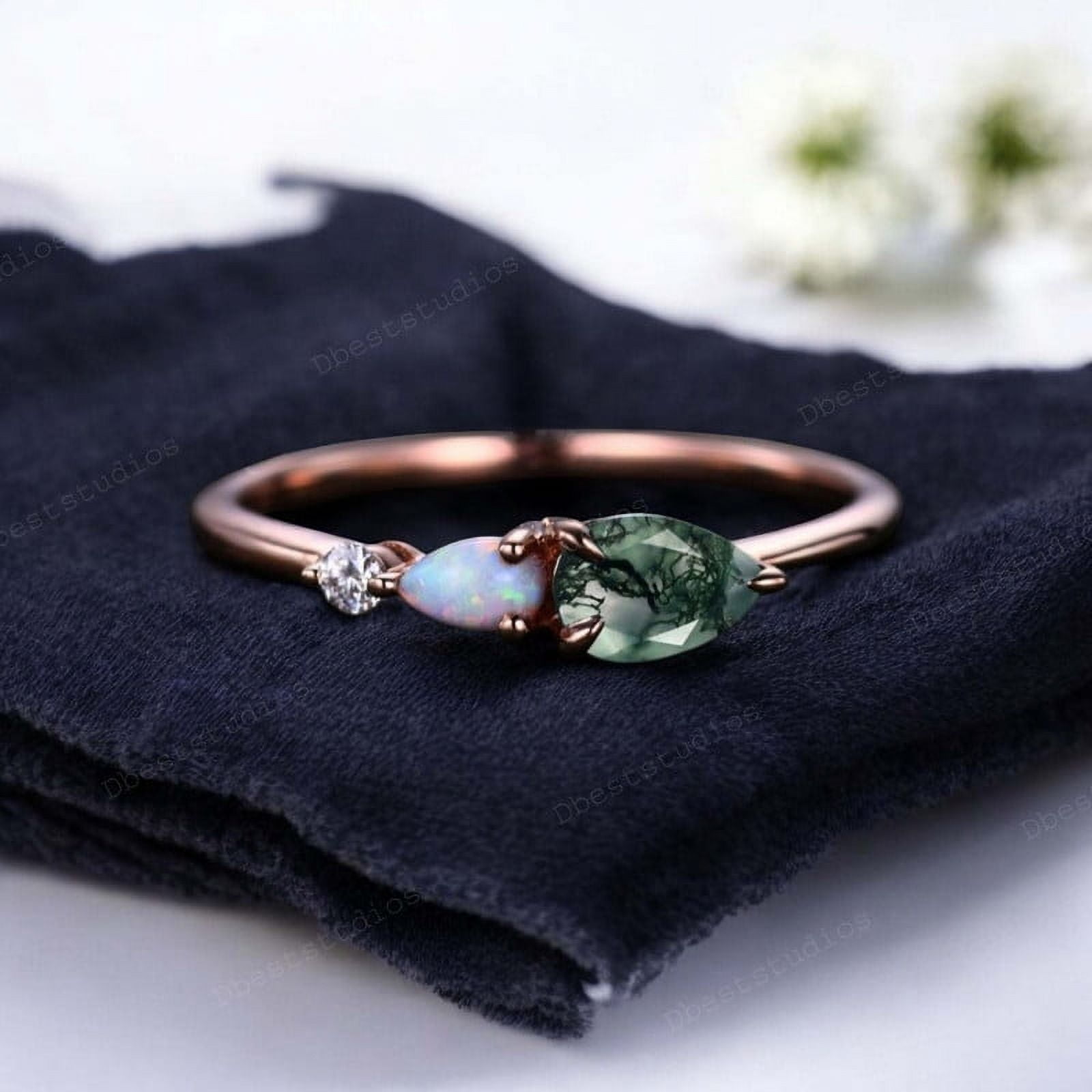 DBESTSTUDIOS 7X5 MM / Pear Cut Moss Agate Women Ring Diamond Opal Stacking Ring Art Deco Rose ...