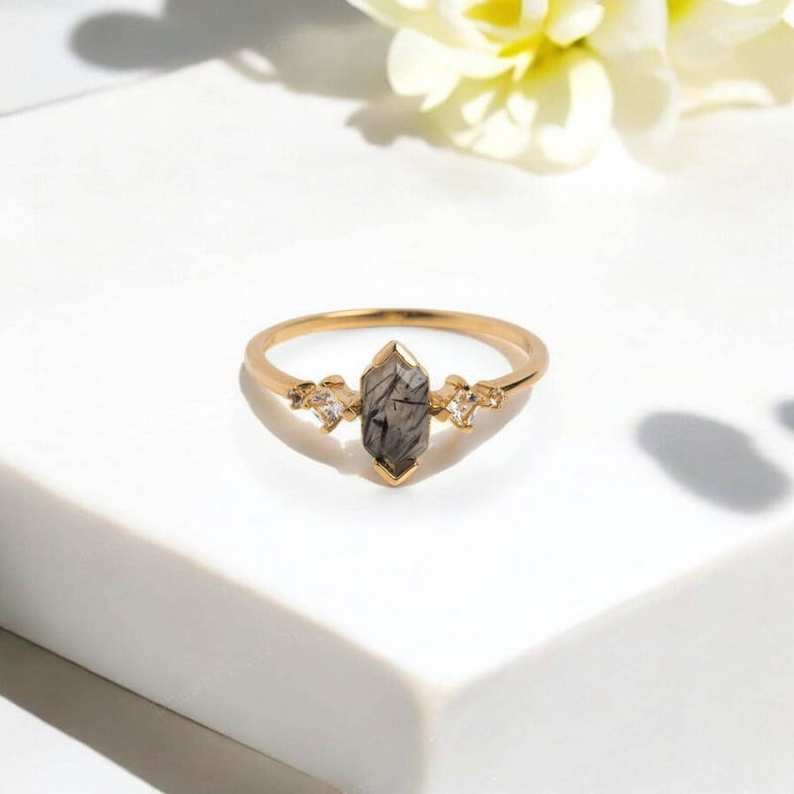 DBESTSTUDIOS 7x5 MM / Hexagon Black Rutile Gemstone Anniversary Bridal Ring Beautiful 925 Yellow ...