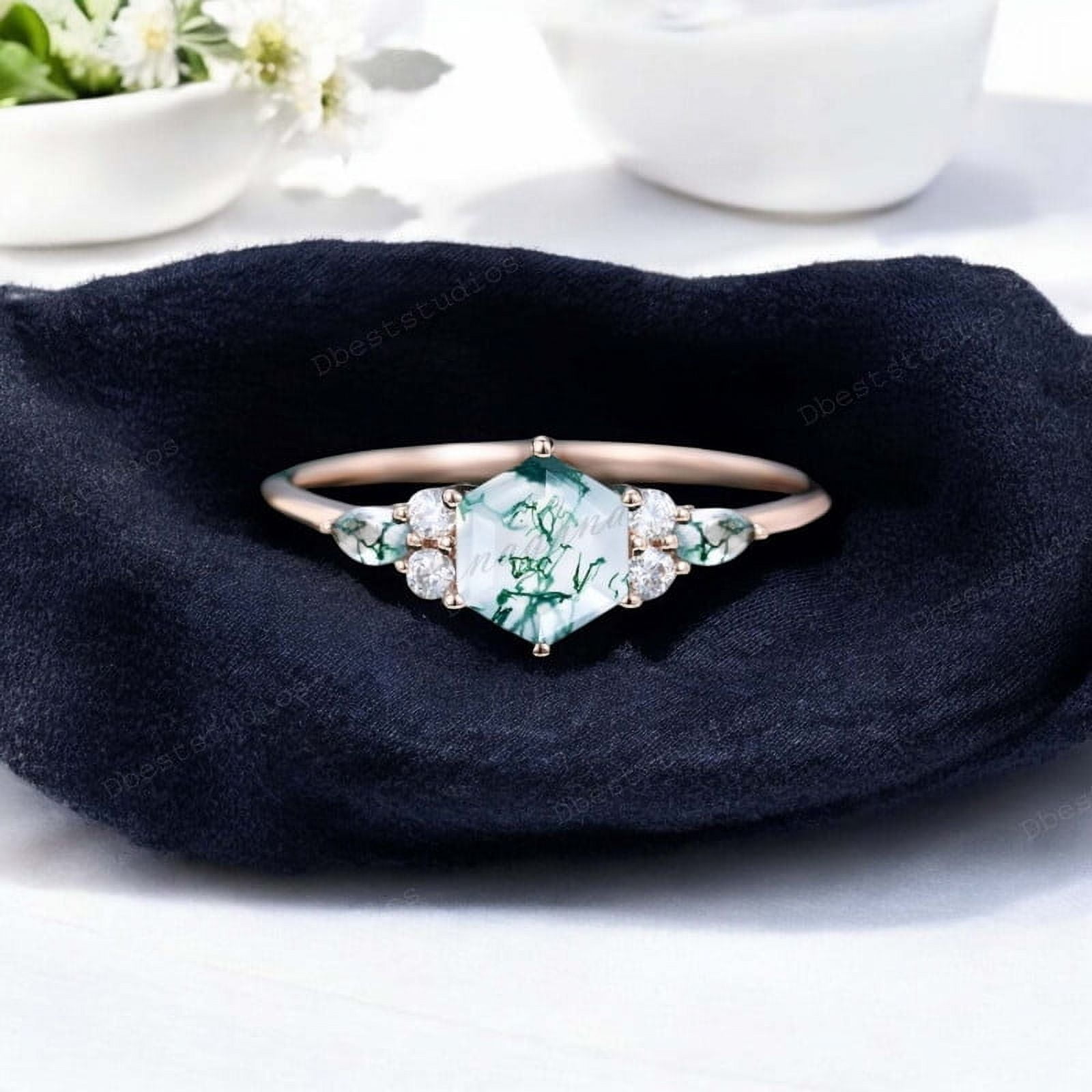 DBESTSTUDIOS 7x5 MM / Hexagon Cut Natural Moss Agate Engagement Ring ...