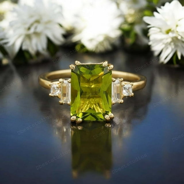DBESTSTUDIOS 8x6 MM /1.2 CT Emerald Cut Peridot Women Ring Diamond ...