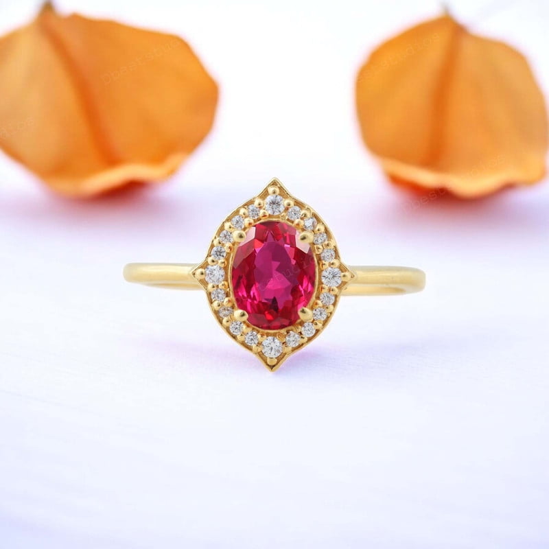 DBESTSTUDIOS 8x6 MM / 1.5 CT Pink Ruby Anniversary Ring Diamond Halo Promise Ring Yellow Gold ...