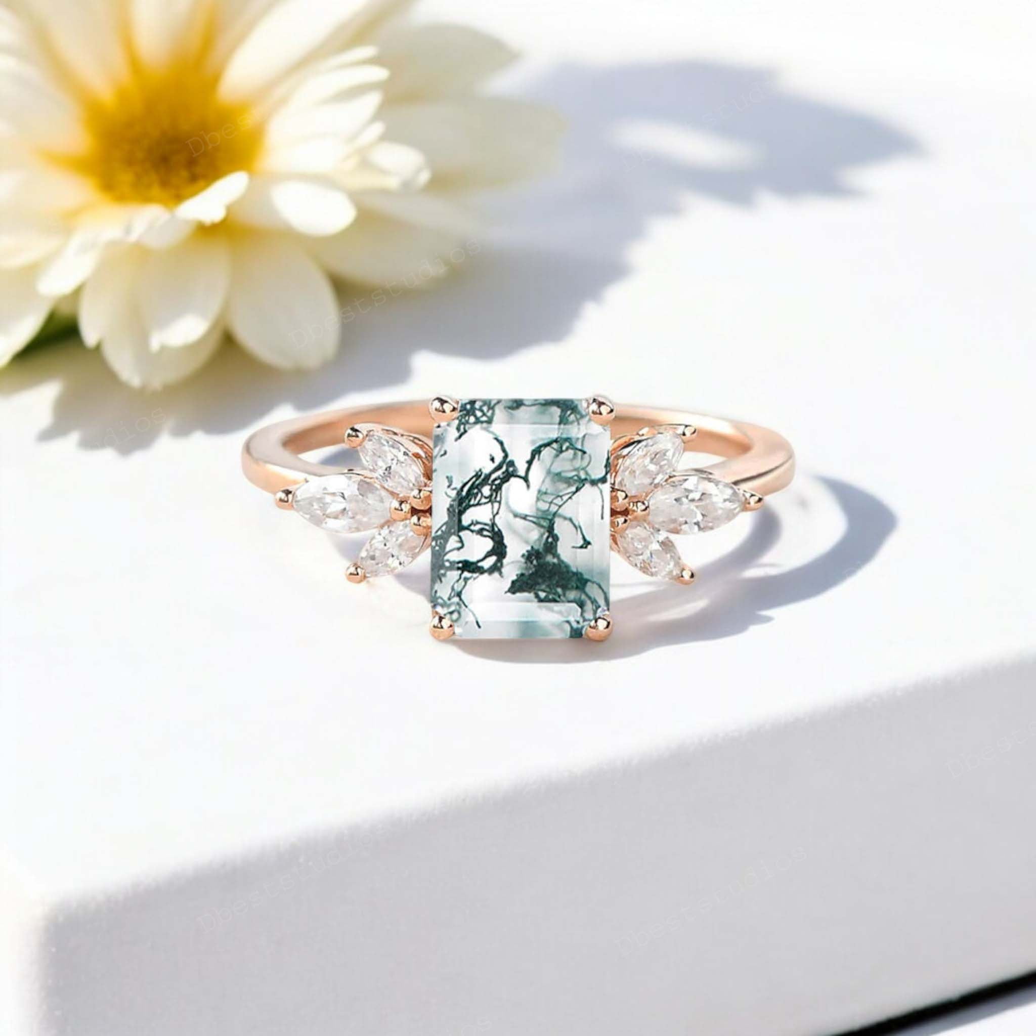 DBESTSTUDIOS 8x6 MM / 1 CT Emerald Cut Moss Agate Engagement Ring Women ...