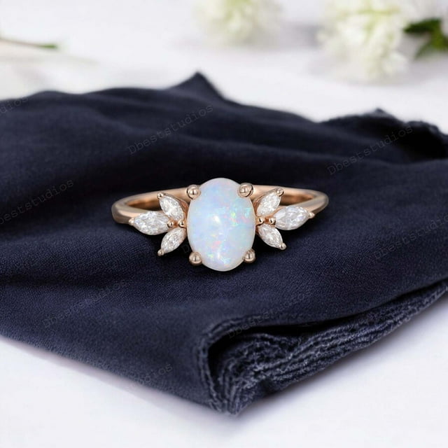 DBESTSTUDIOS 8x6 MM /Oval Cut Fire Opal Engagement Ring Women Diamond ...