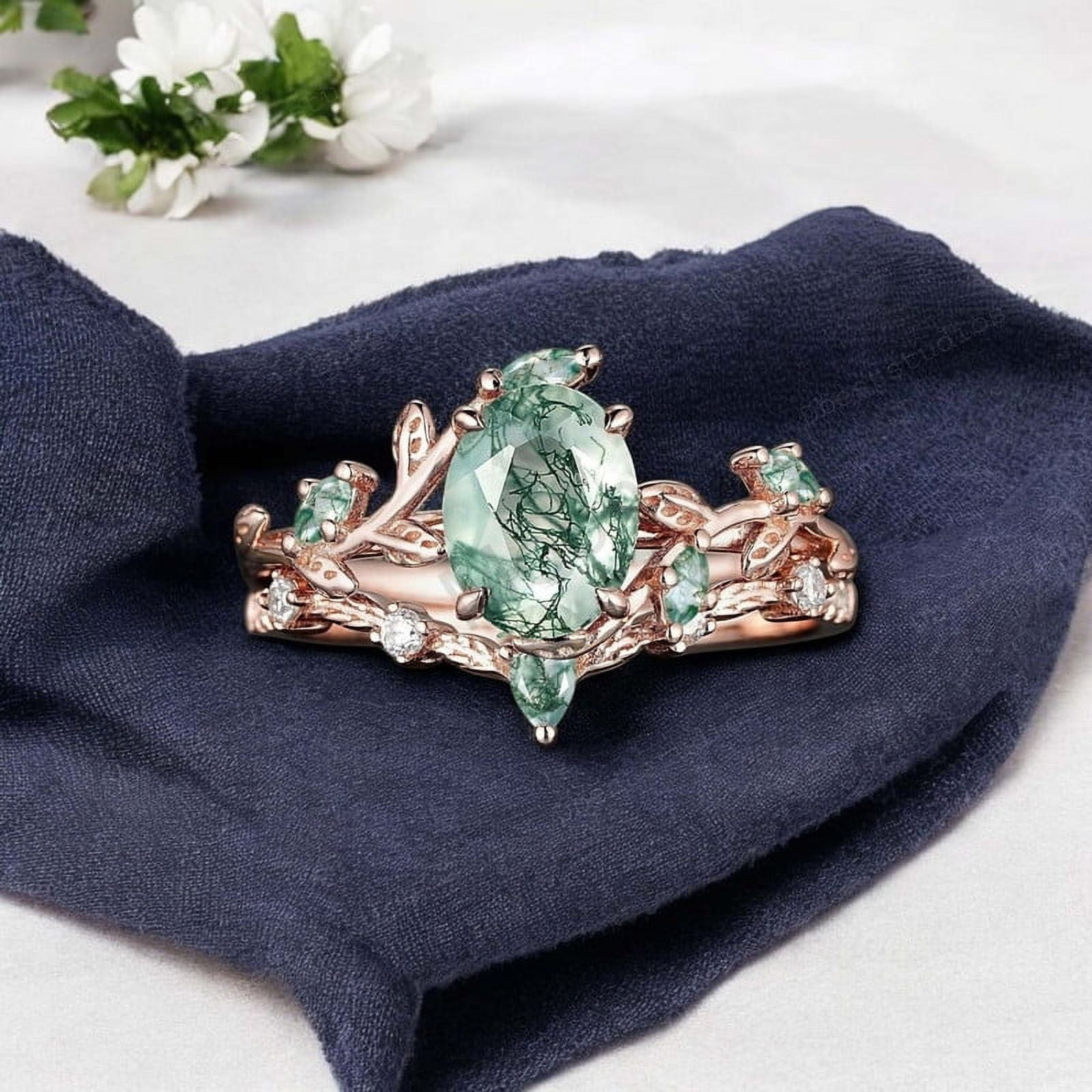 DBESTSTUDIOS 8x6 MM / Oval Cut Green Moss Agate Anniversary Ring Set ...