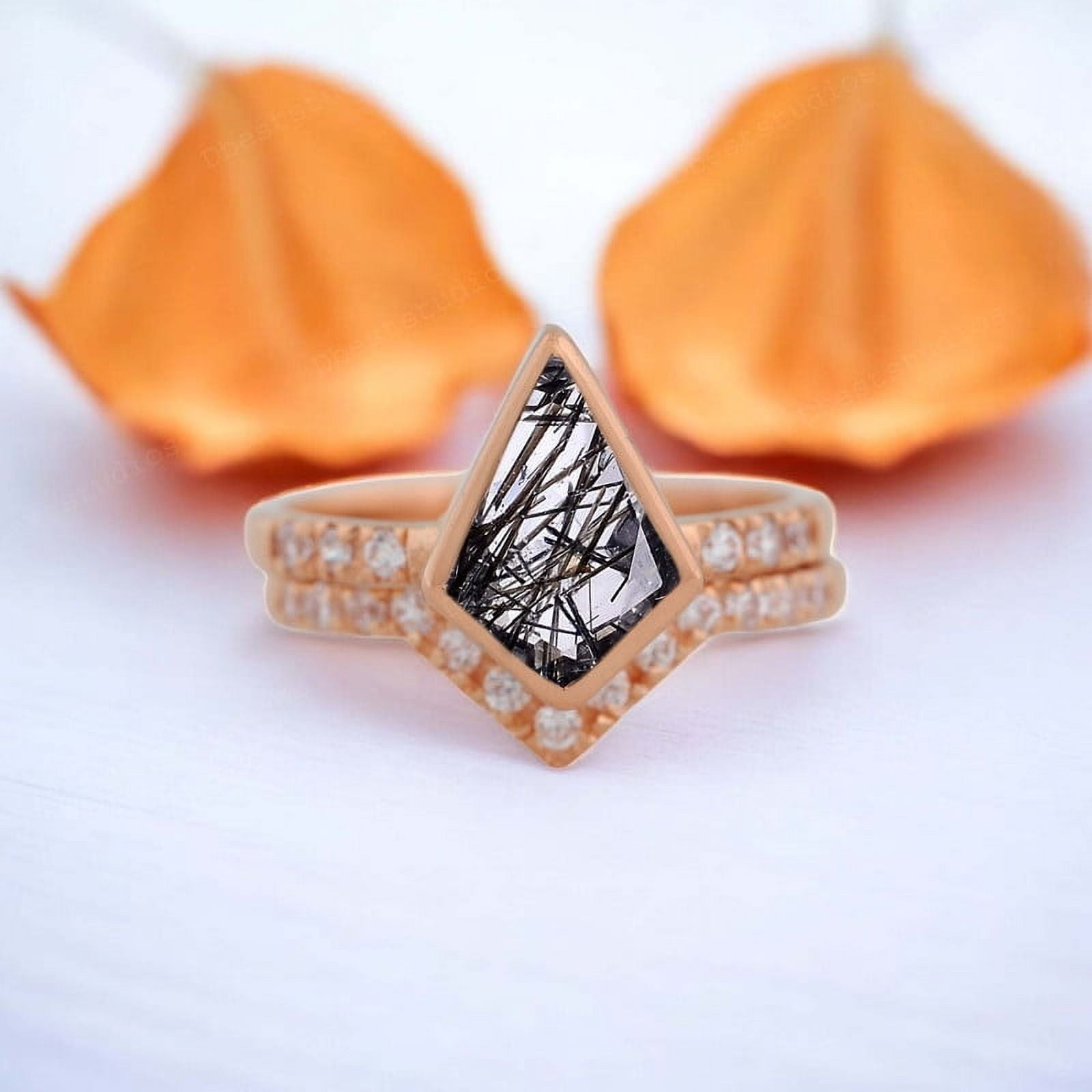 DBESTSTUDIOS 9x7 MM / 1 CT Kite Cut Black Rutile Women Ring Set Bridal ...
