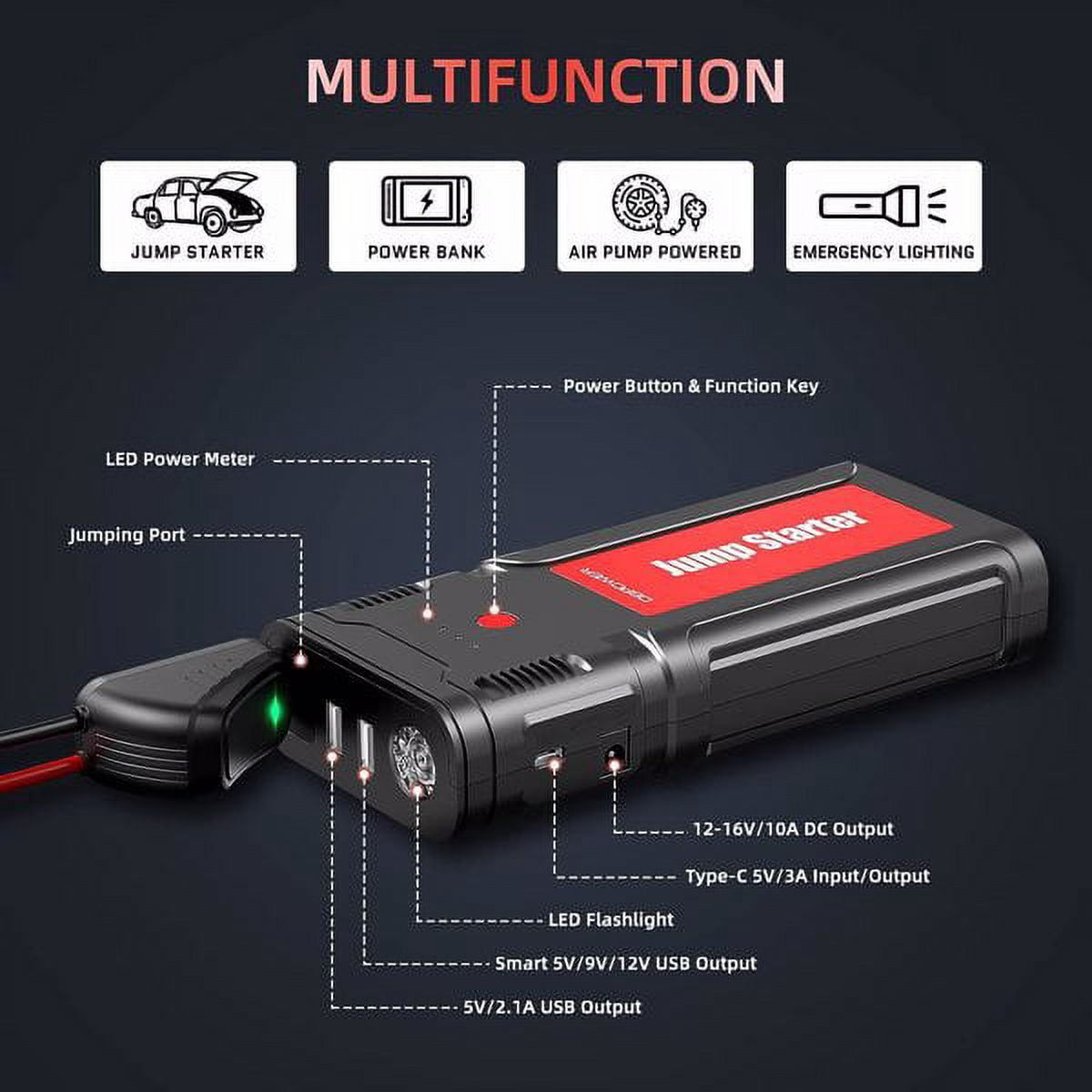 DBPOWER Jump Starter Battery Pack, 2750A Peak 76.96Wh, Portable Car ...