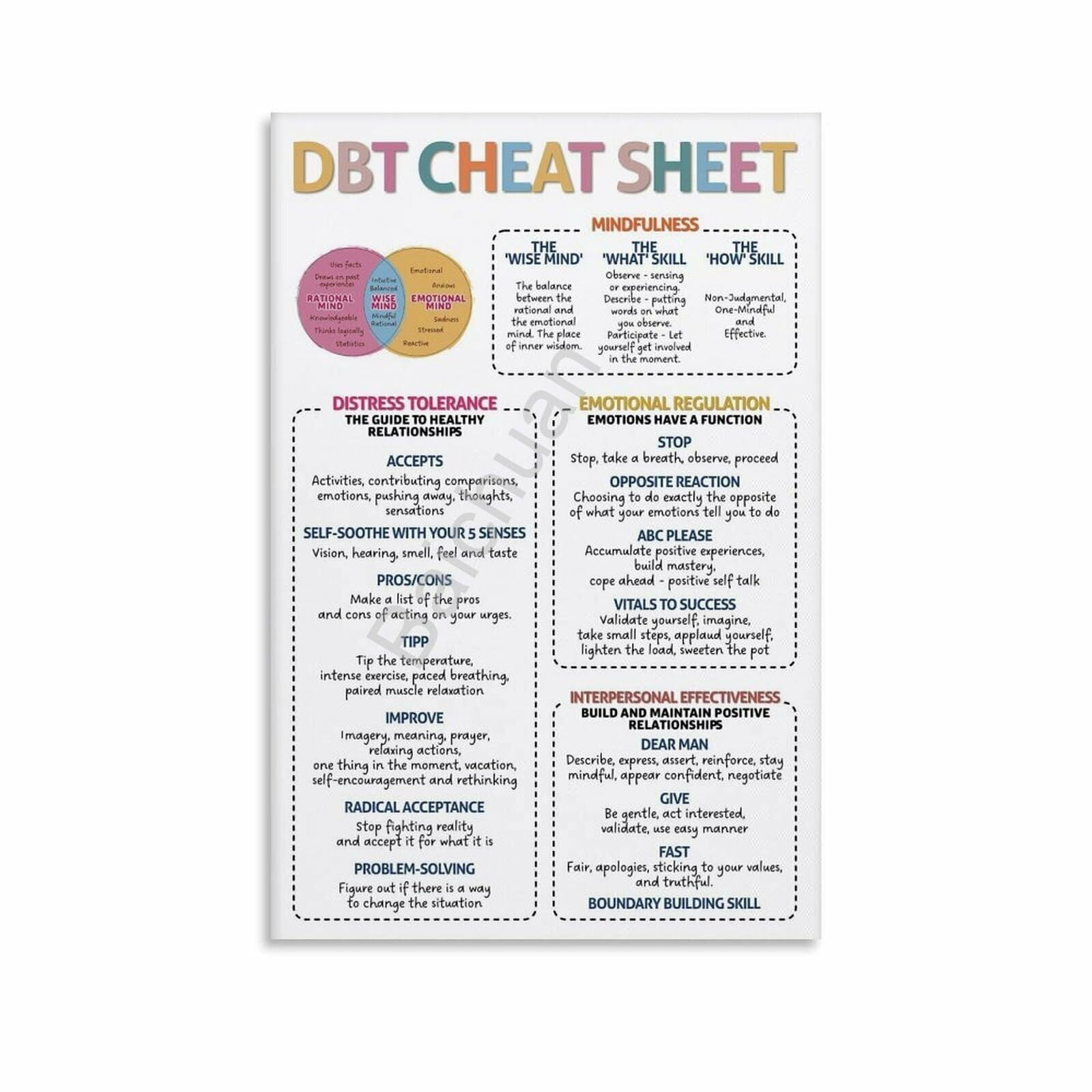 DBT Cheat Sheet Poster Mental Health (1) Canvas Painting Posters And ...