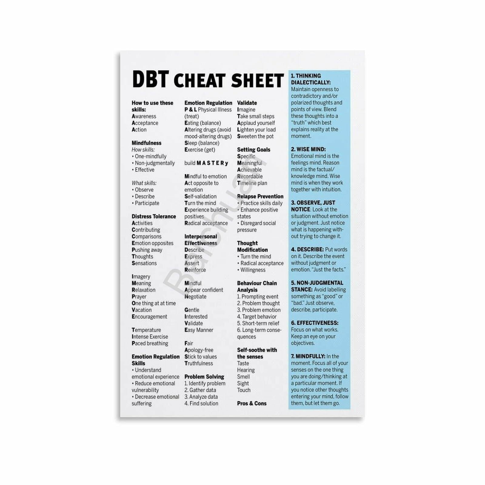 DBT Cheat Sheet Poster Mental Health (6) Canvas Painting Wall Art ...