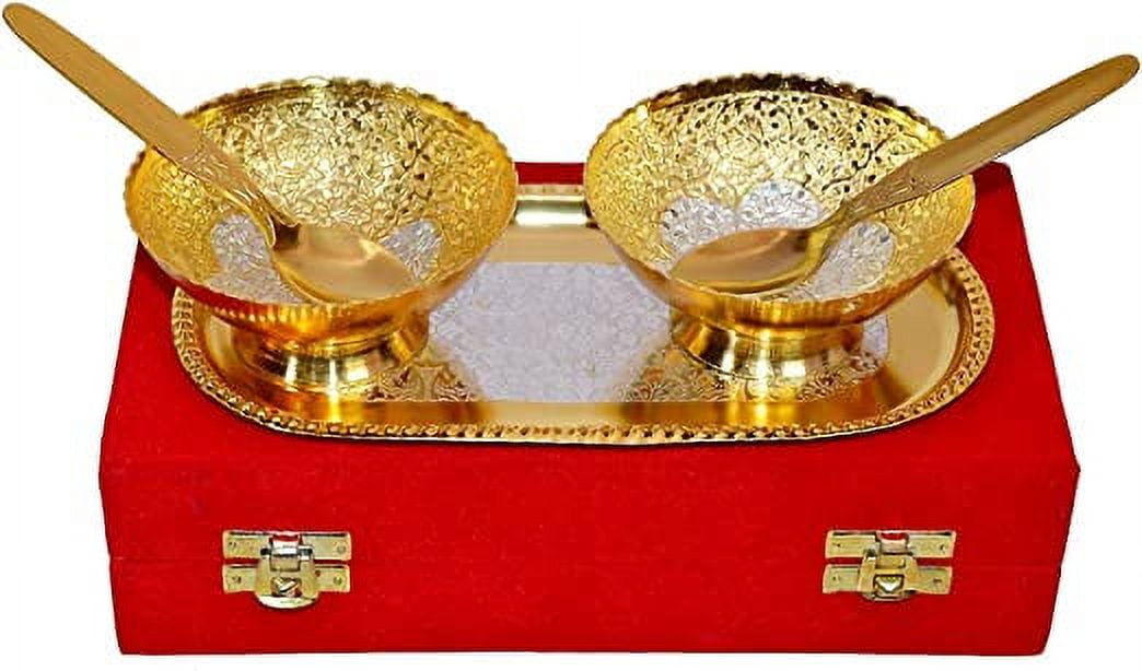 DBY Silver and Golden Color Plated Brass 2 Bowl 2 Spoon and 1 Tray Set ...