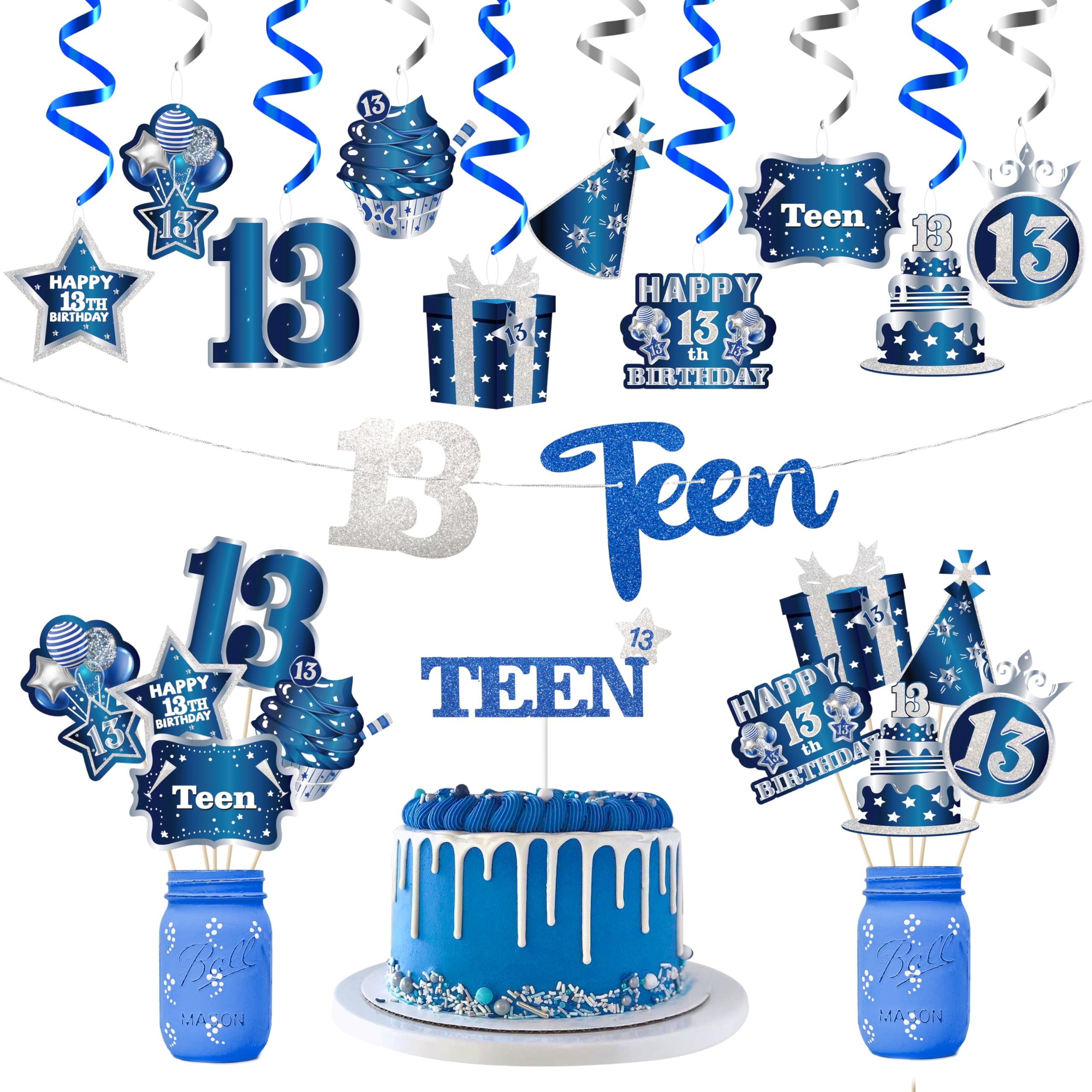 DBhehean 13th Navy Blue Birthday Banner Party Decoration, Years Old Happy Birthday Cake Topper ...