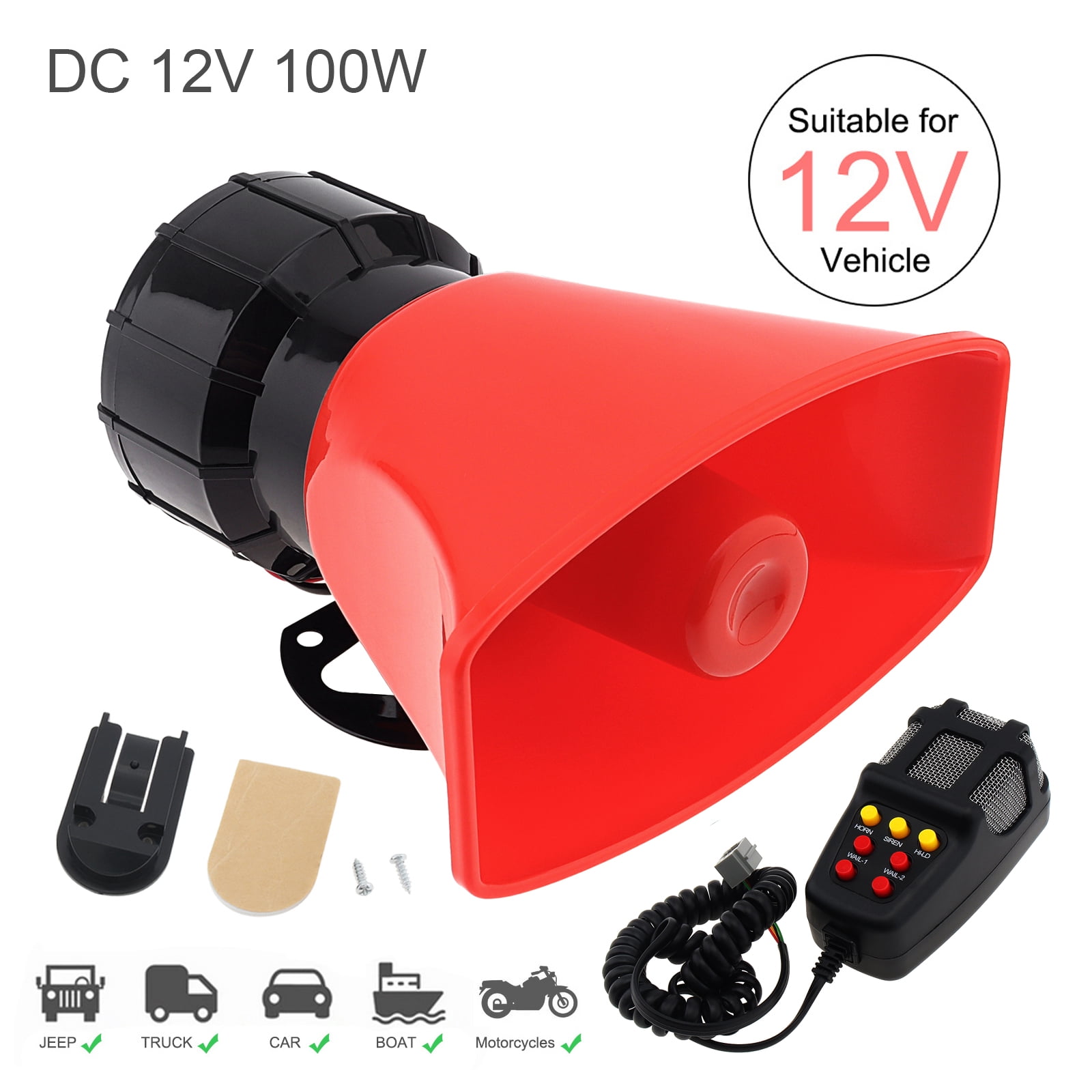 DC 12V 100W 7 Tone Electronic Alarm Siren for Car / Motorcycle with Mic ...