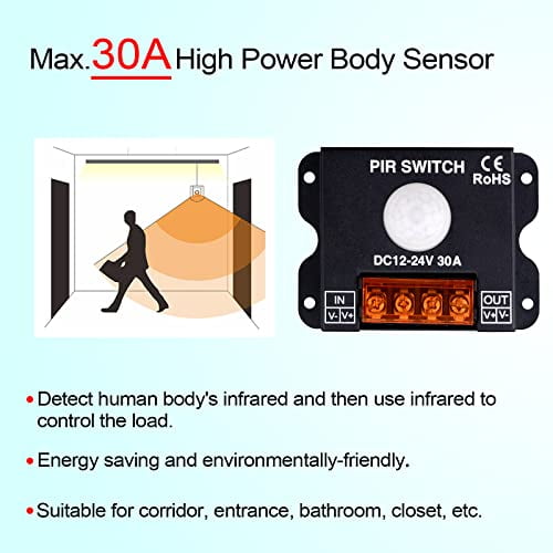 DC 12V 24V 30A PIR Sensor LED Motion Sensor Switch, Infrared Sensing ...