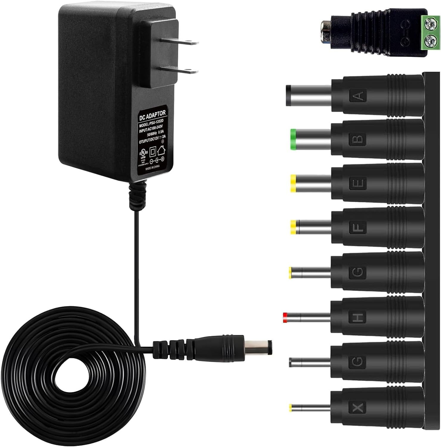 DC 12V 2A Power Supply Adapter with 9 Tips，120VAC to 12VDC，5.5mm X 2 ...