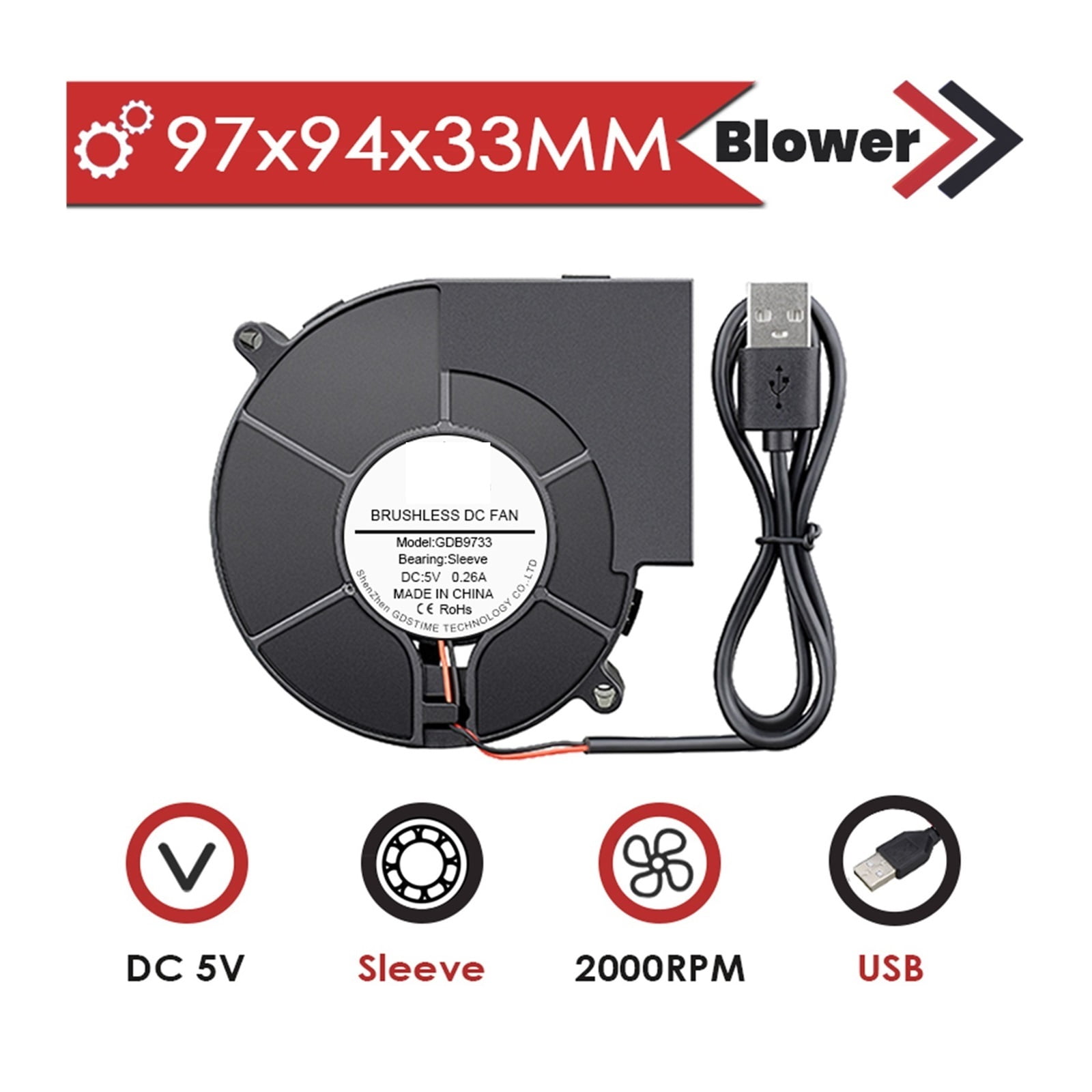 DC 5V 97x94x33mm 9733 Sleeve Bearing USB Blower Silent Cooling Fan For ...