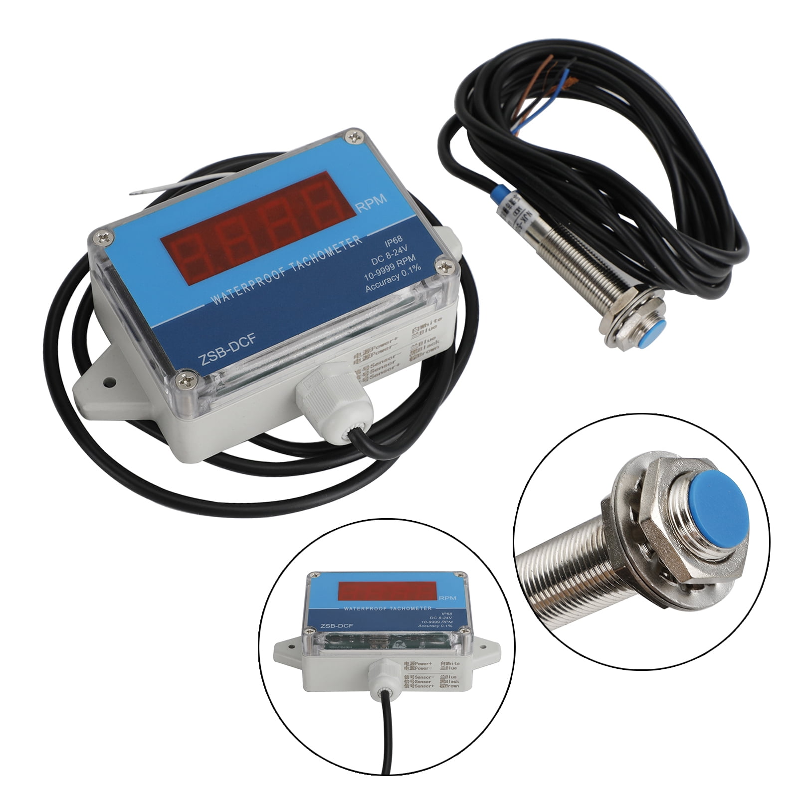 DC 8-24V IP68 Waterproof Hall Tachometer Digital LED Motor Speed Meter ...
