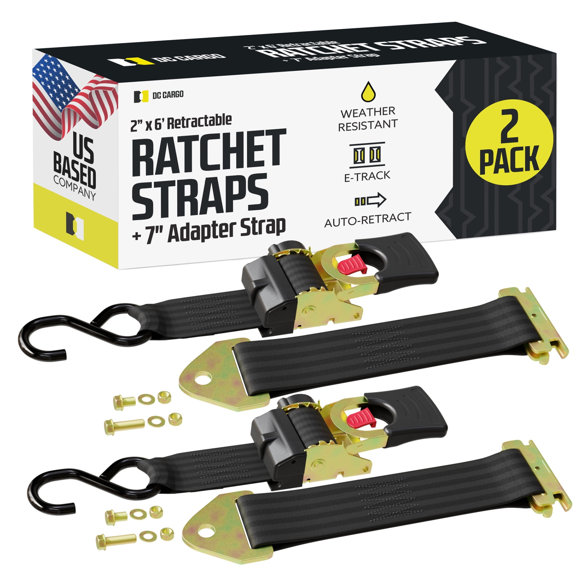 Free Shipping! DC Cargo Auto Retract Ratchet Straps 2"x6' Bolt-on or E ...