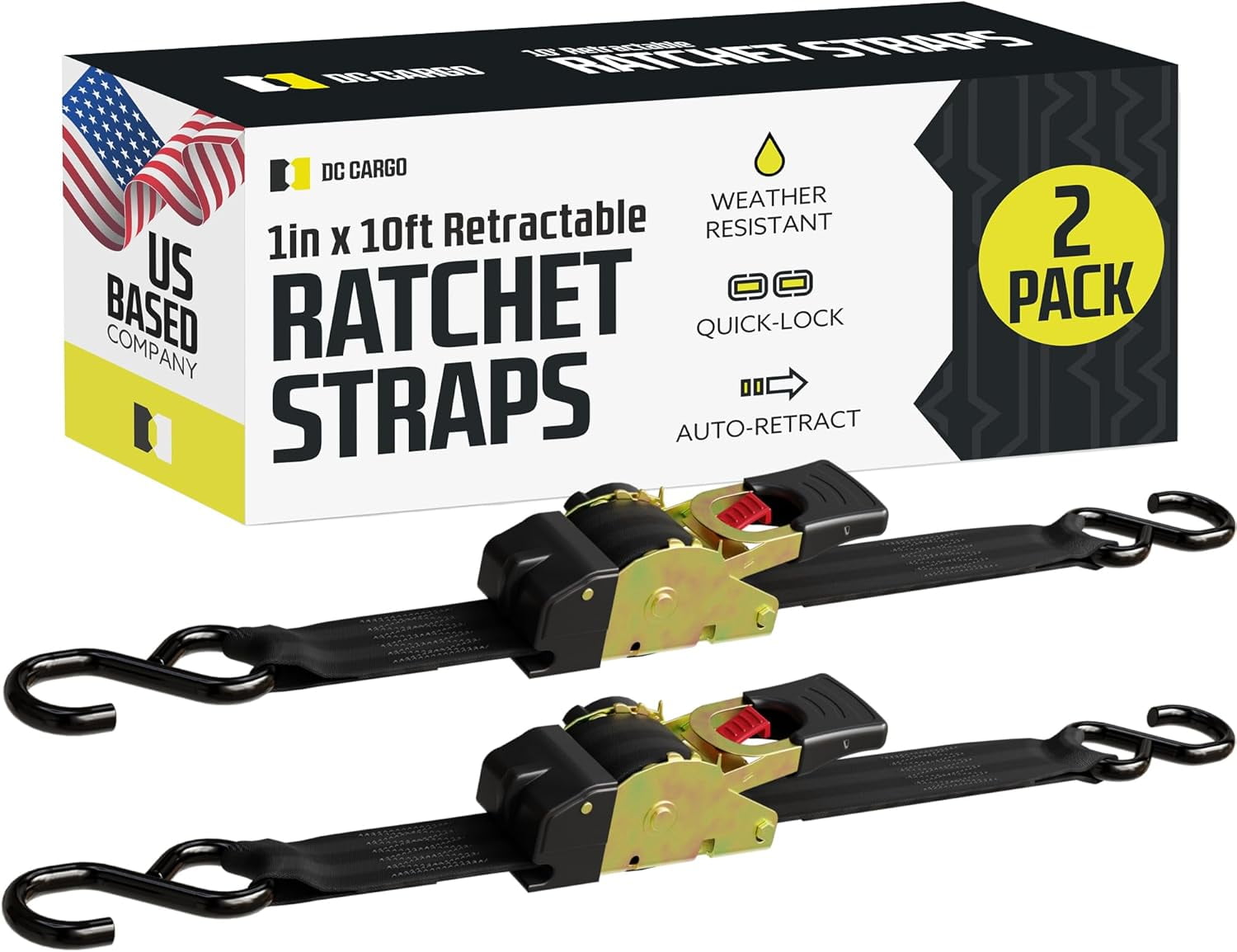DC Cargo Mall Retractable Ratchet Straps, 2 Pack (1 inch x 10 feet ...