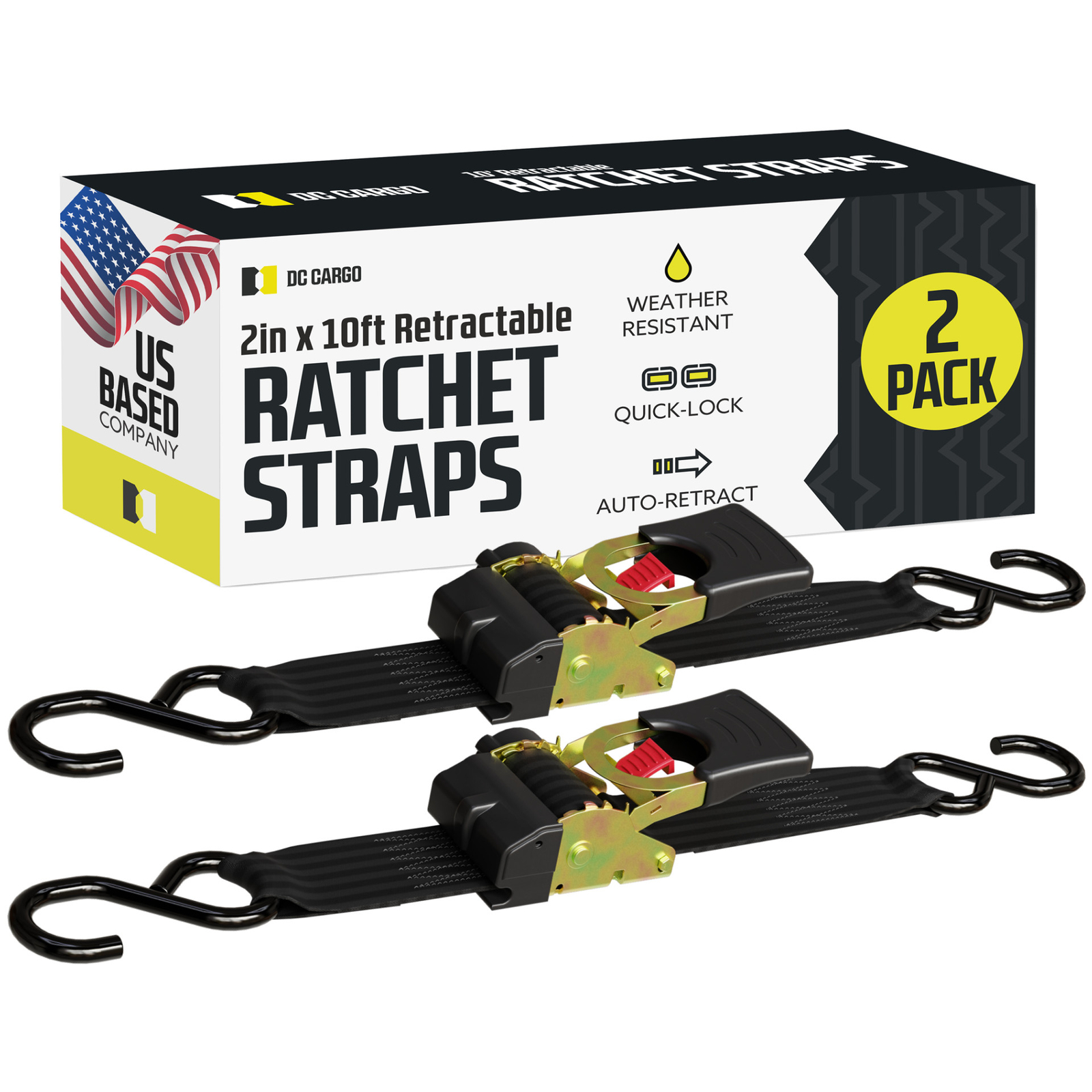 DC Cargo Retractable Ratchet Strap Tie Down Straps w/ S-Hooks 2" x 10 ...