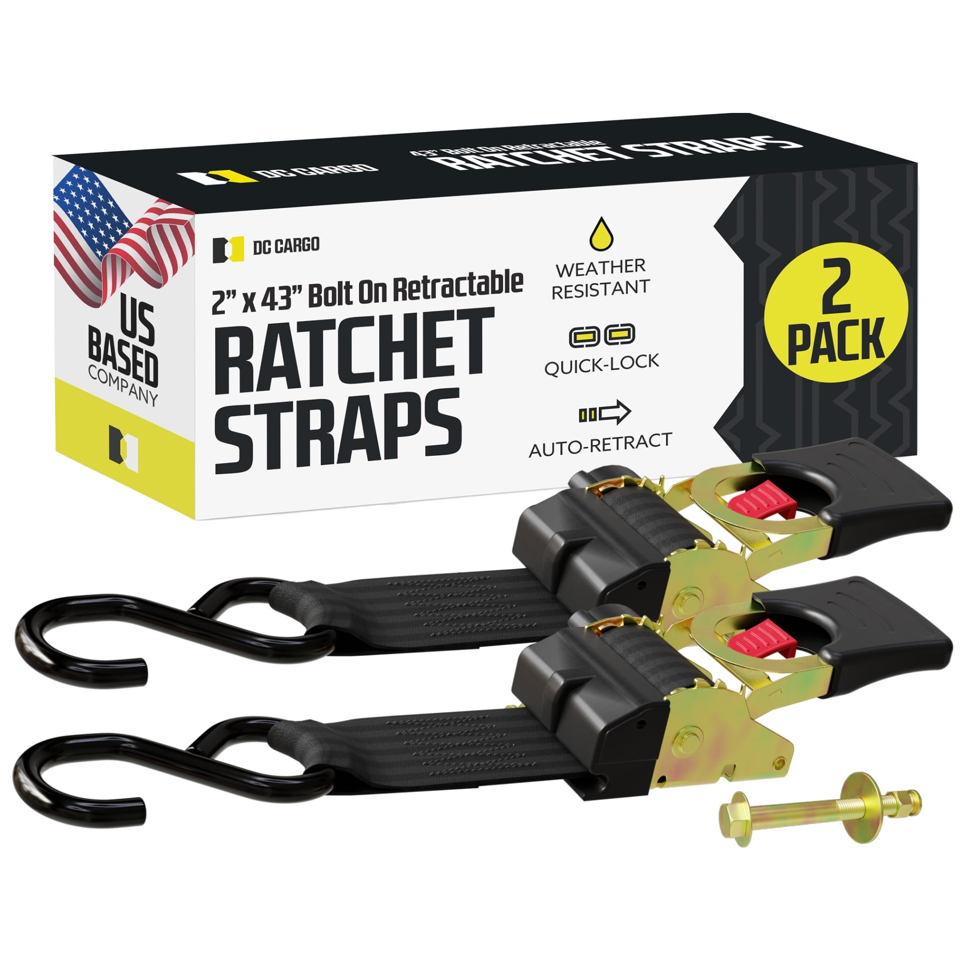 "DC Heavy Duty Cargo Retractable Ratchet Strap w/ Hook 2""x43"" Bolt-on ...
