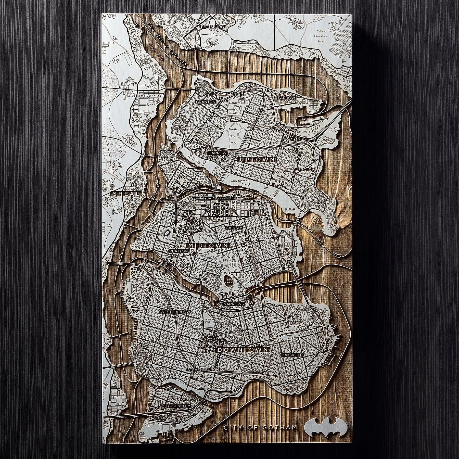 DC Comics Batman - Gotham City Map Laser Engraved Wood Wall Art, 15" x ...