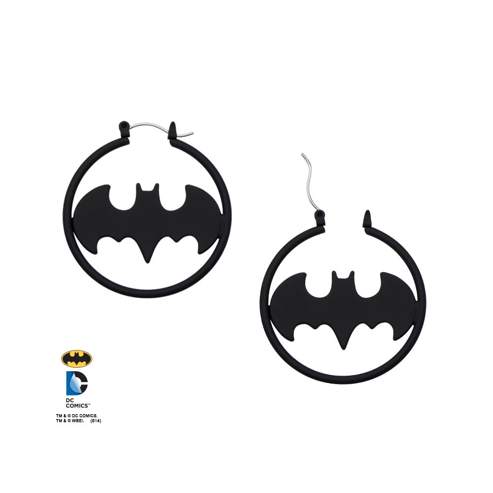 DC Comics Batman Matte Black Bat Logo Stainless Steel Hoop Earrings ...