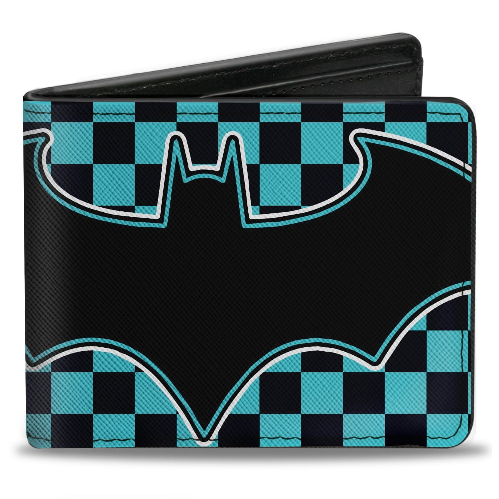 DC Comics Wallet, Bifold, Batman Bat Logo Close Up Checker Teal Black ...