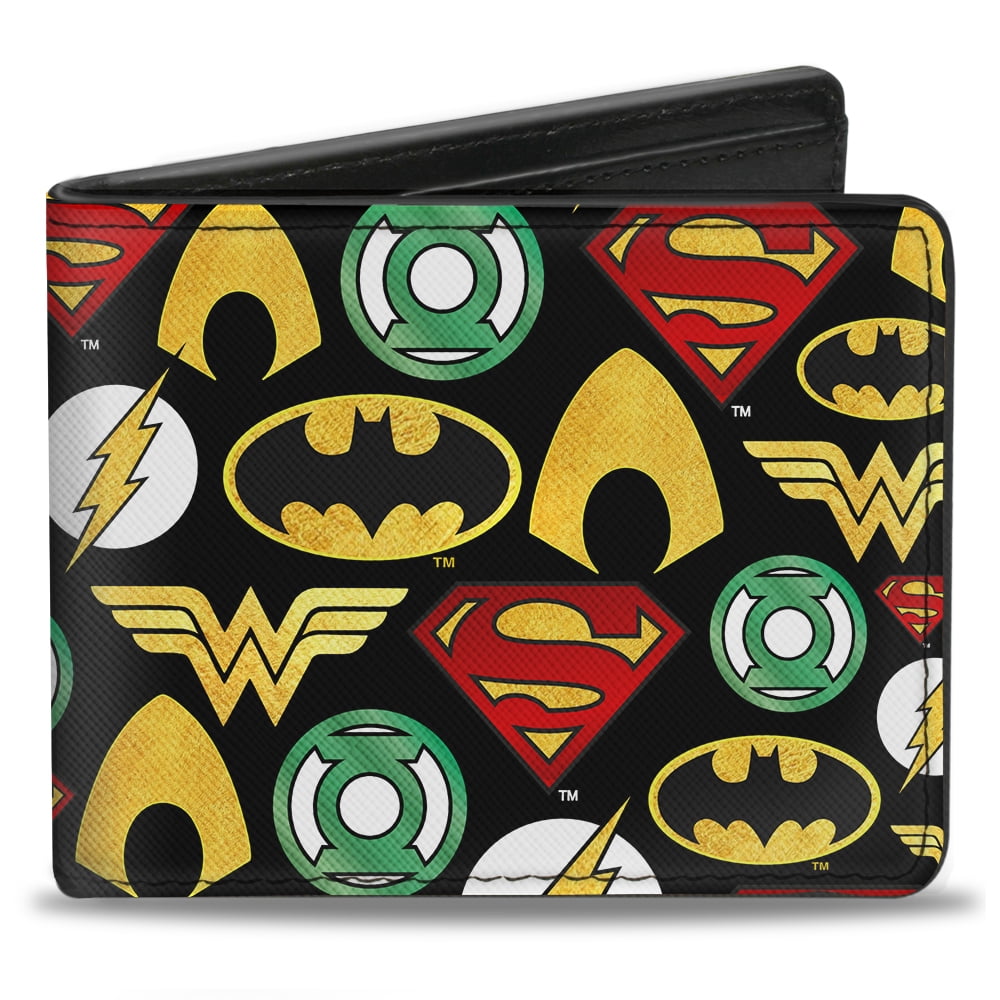 DC Comics Wallet, Bifold, Justice League Superhero Logos Collage Black ...