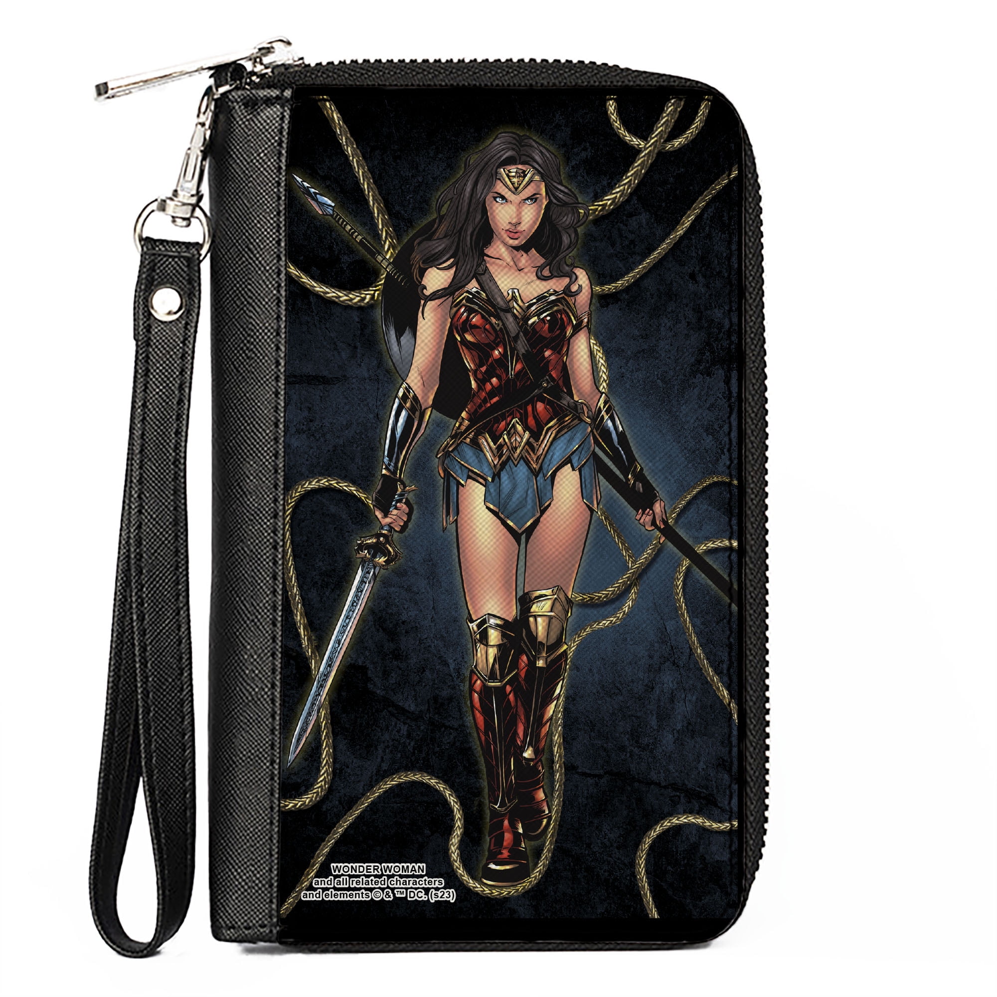 DC Comics Wallet, Zip Around, Wonder Woman Standing Swords Pose with Lasso of Truth Blue, Vegan ...