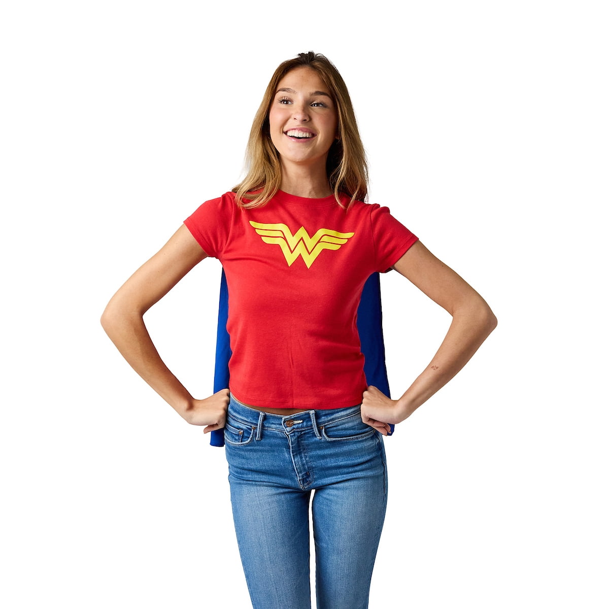 DC Comics Wonder Woman Junior's Red Crew Neck Short Sleeve Caped Tee ...