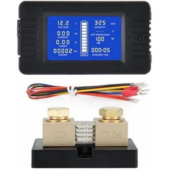 DC Multifunction Battery Monitor Meter with Shunt,0-200V,0-500A, LCD Display Digital Current ...