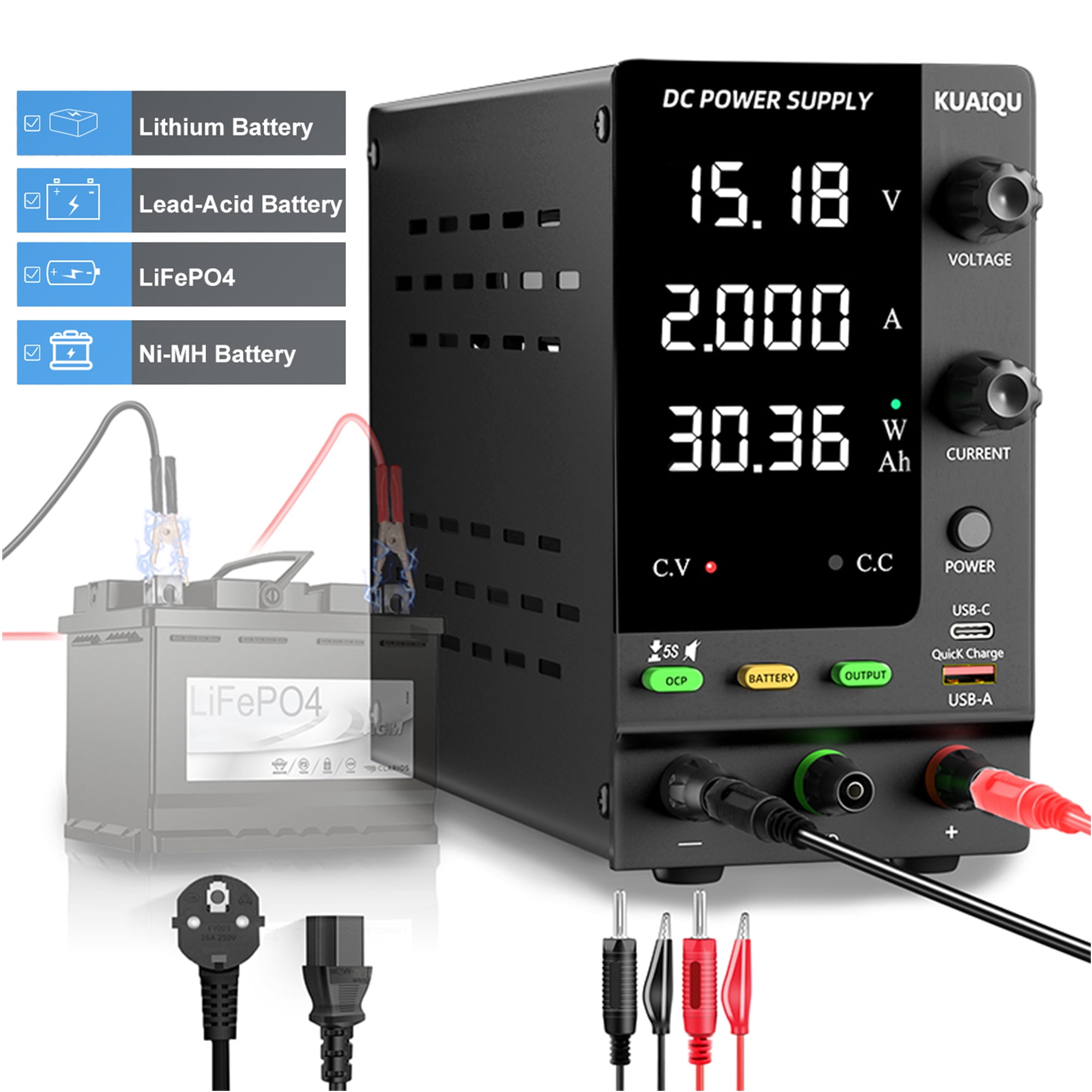 KUAIQU DC Power Supply Variable 0-30V 0-10A Adjustable Switching ...