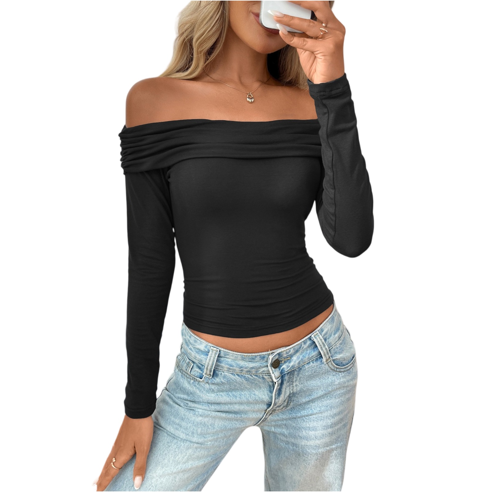 DC Women’s Off Shoulder Long Sleeve Slim Fit Top, Elegant Solid Color ...