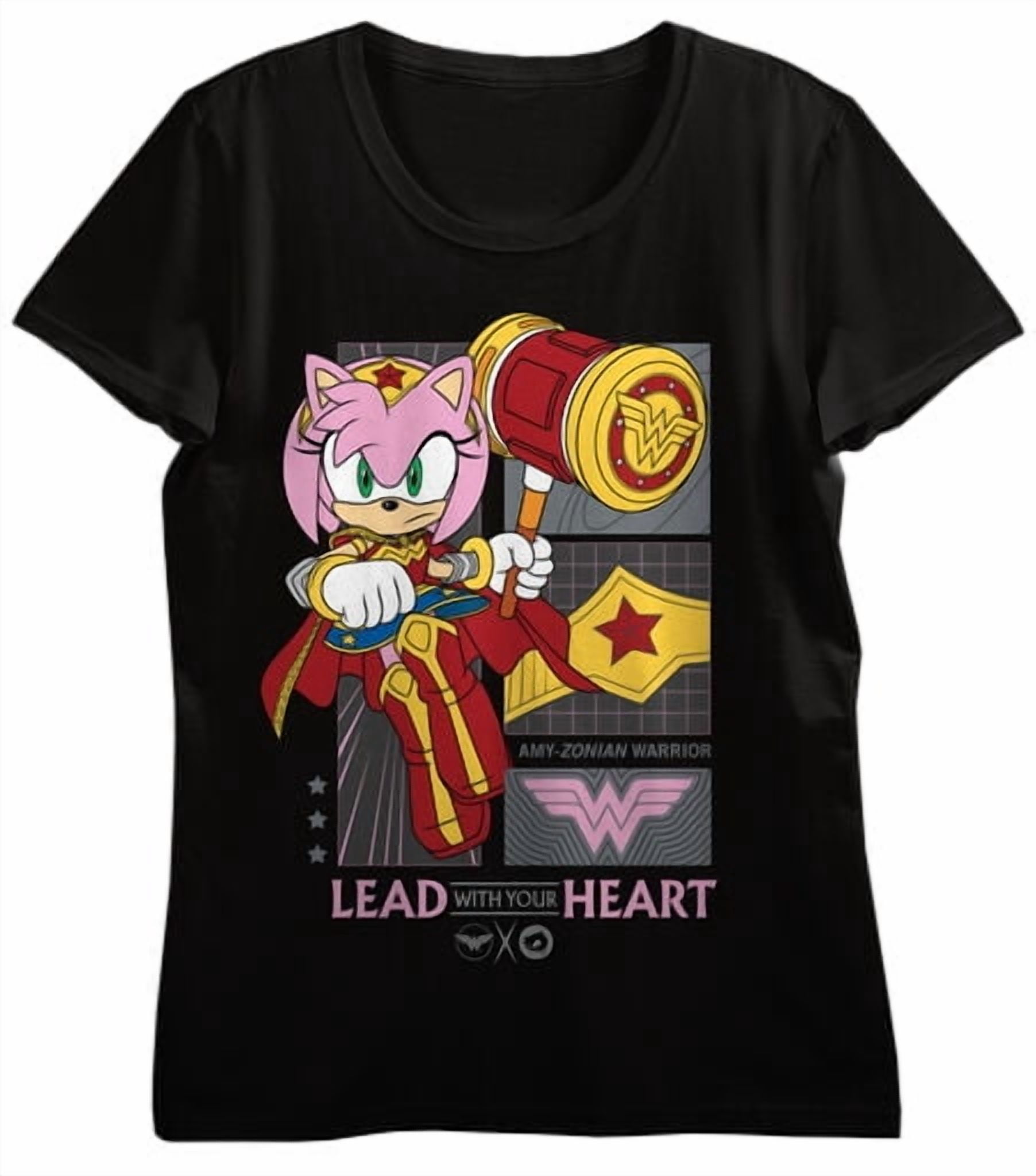 DC X Sega Amy Wonder Woman Symbols Stars Women’s Black Crew Neck Short ...
