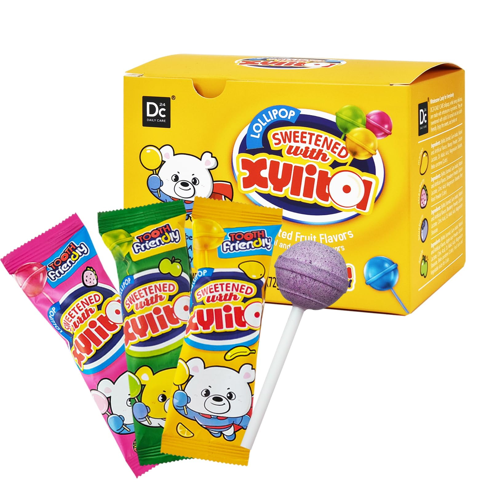 DC24 DAILY CARE Xylitol ESF27 Lollipops Assorted Fruit Flavors Suckers ...