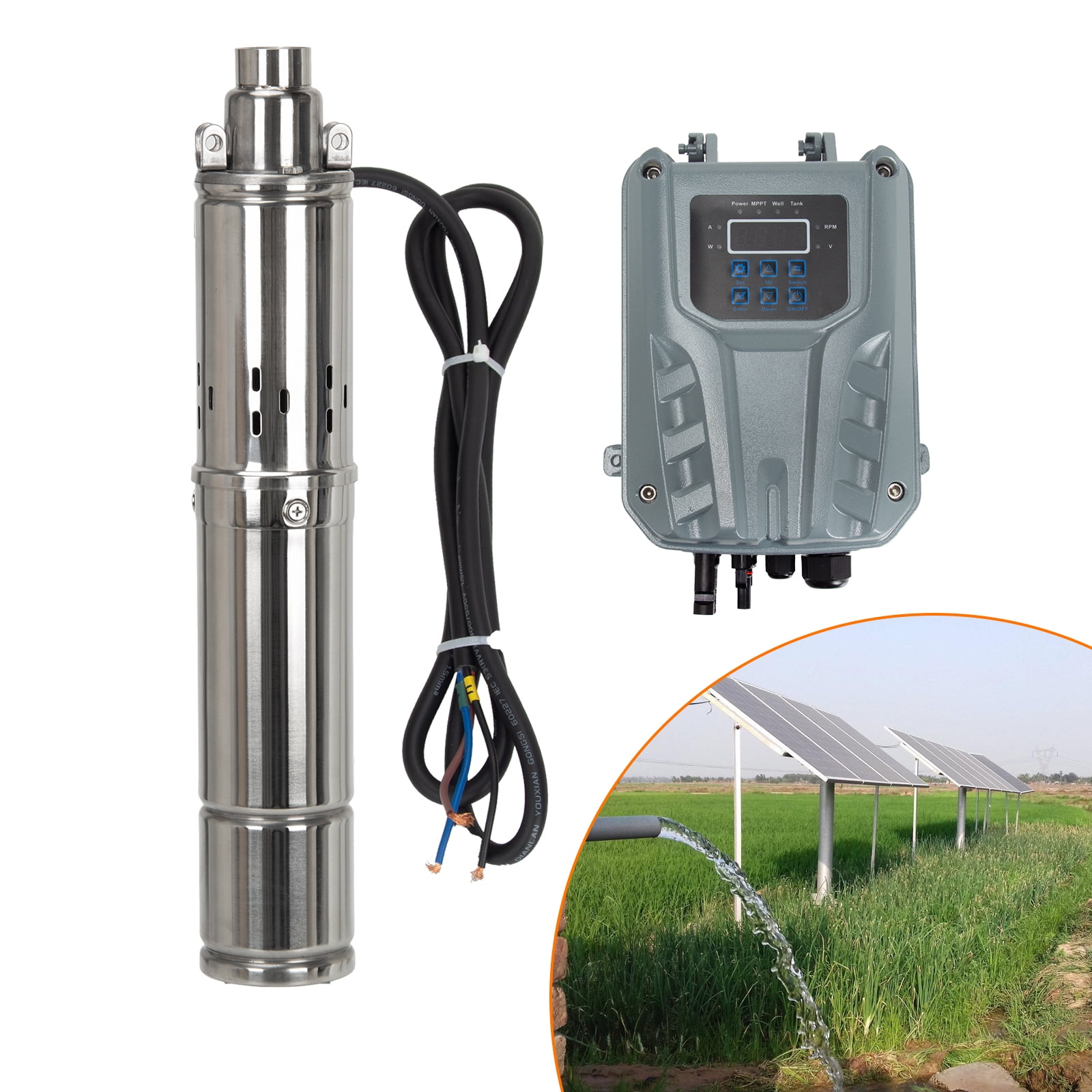 DC24V 3" Solar Pump Submersible Pump Bore Deep Well Water Pump + MPPT ...