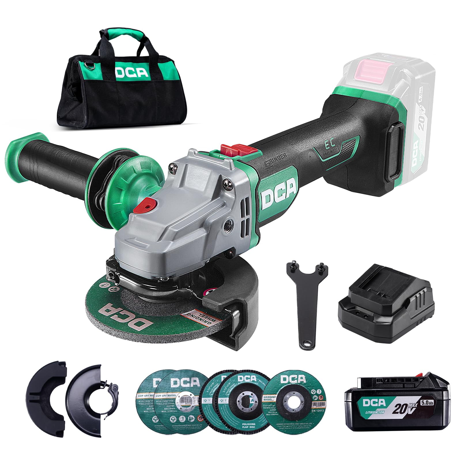 DCA Cordless Angle Grinder 20V 4-1/2 inch, 4.0Ah Battery & 2A Fast ...