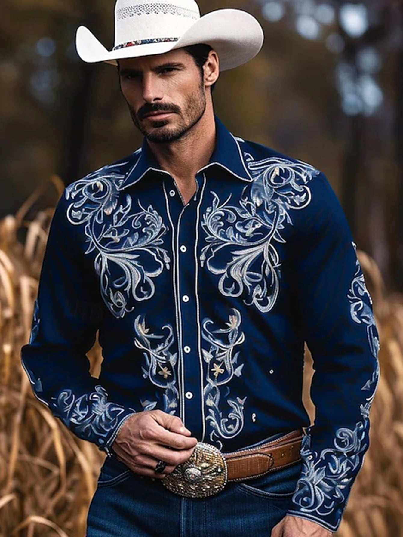 Mens Western Cowboy Shirt Long Sleeve Button Down Work Shirts with ...