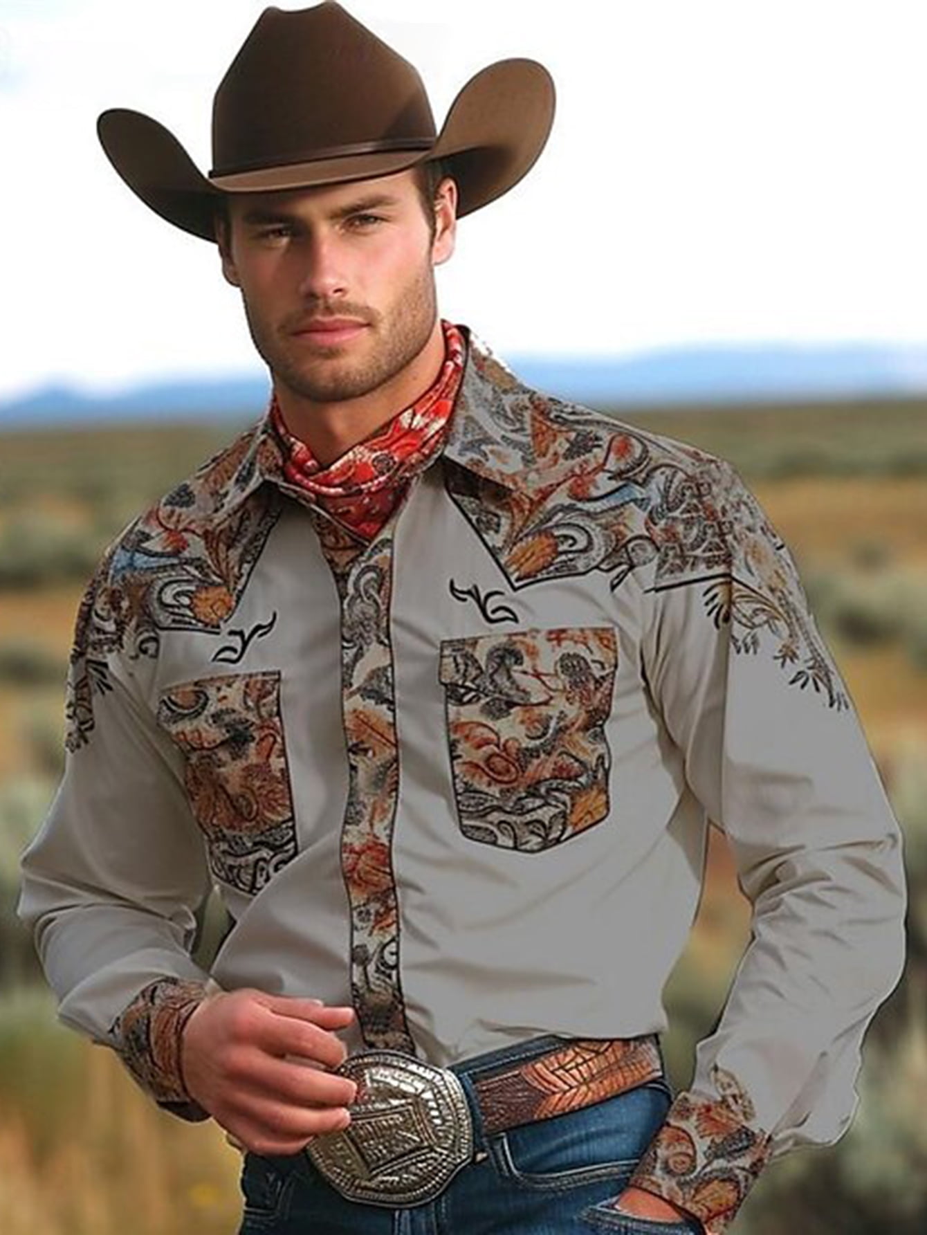 DCDany Western Cowboy Shirts For Men Vintage Shirts Long Sleeve Casual ...