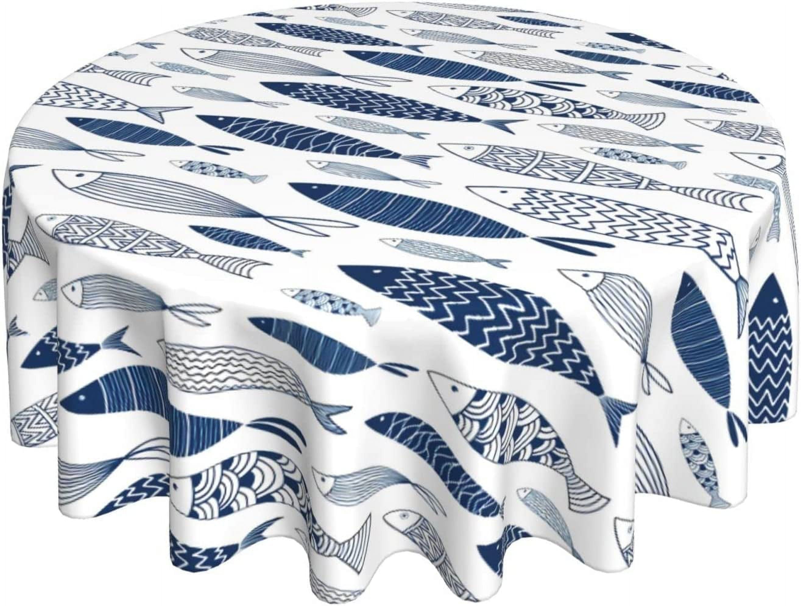 DCHYO Summer Fish Geometric Round Tablecloth Blue Nautical Beach Table ...