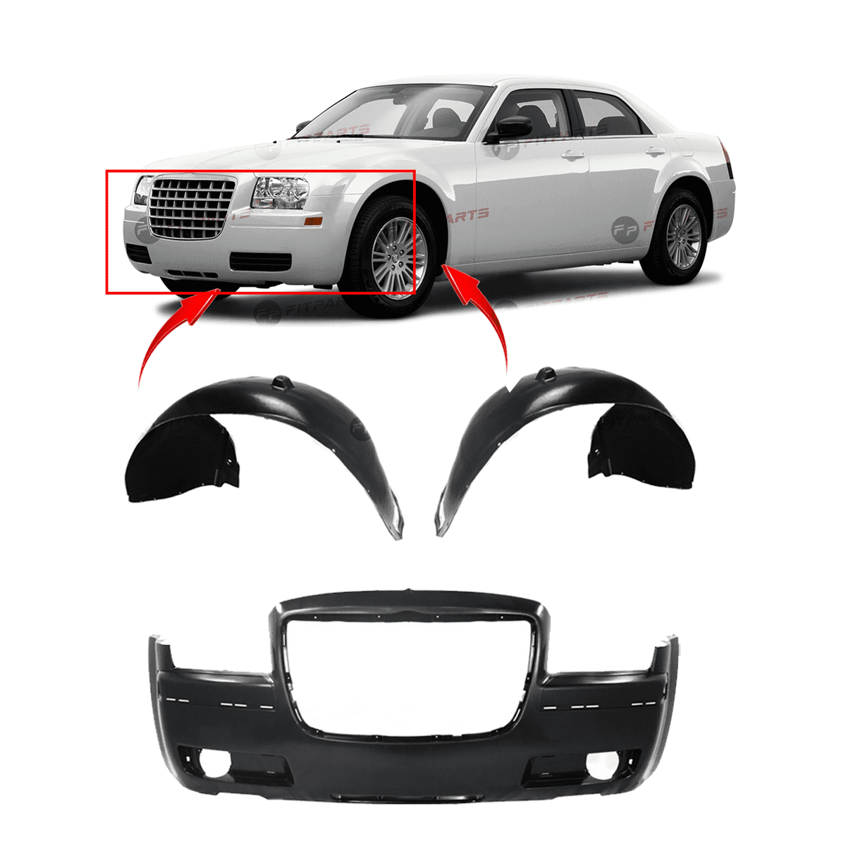 DCP Front Bumper Cover & Fender Liner Kit for Chrysler 300 2005-2010 ...