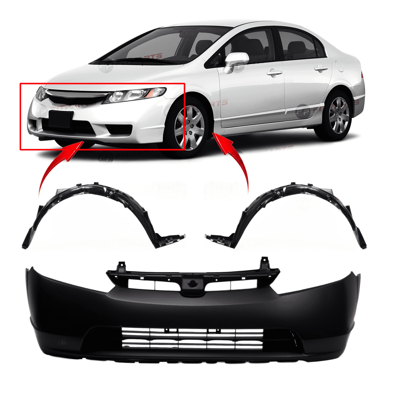 DCP Front Bumper Cover & Fender Liner Kit for Honda Civic 2006-2008 ...