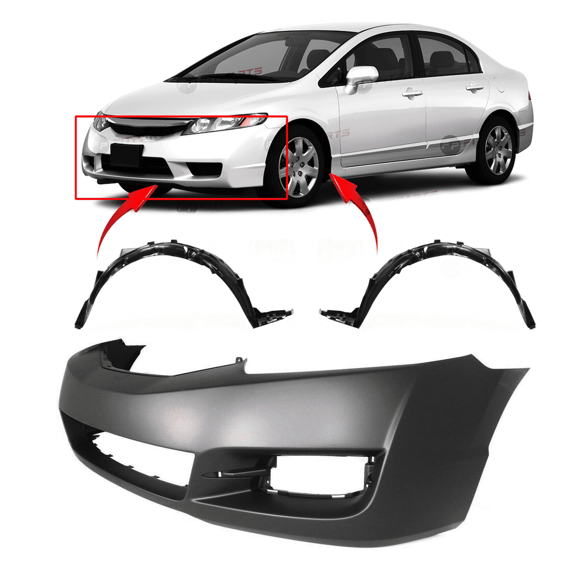 DCP Front Bumper Cover & Fender Liner Kit for Honda Civic 2009-2011 ...