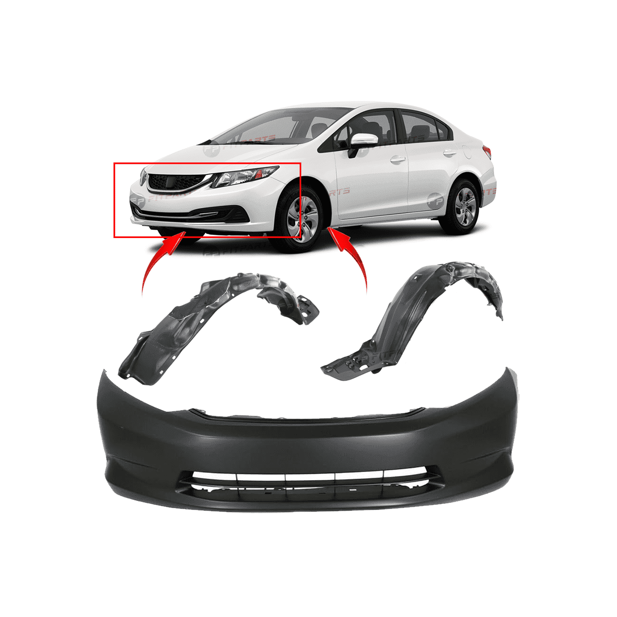 DCP Front Bumper Cover & Fender Liner Kit for Honda Civic 2012-2012 ...