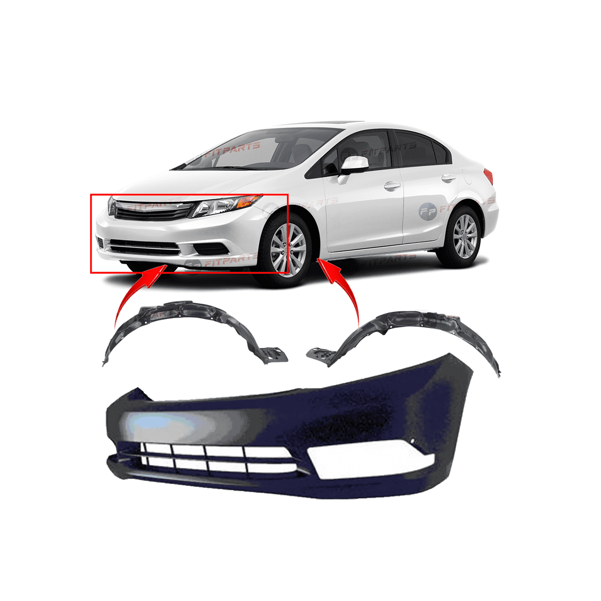 DCP Front Bumper Cover & Fender Liner Kit for Honda Civic 2012-2012 ...