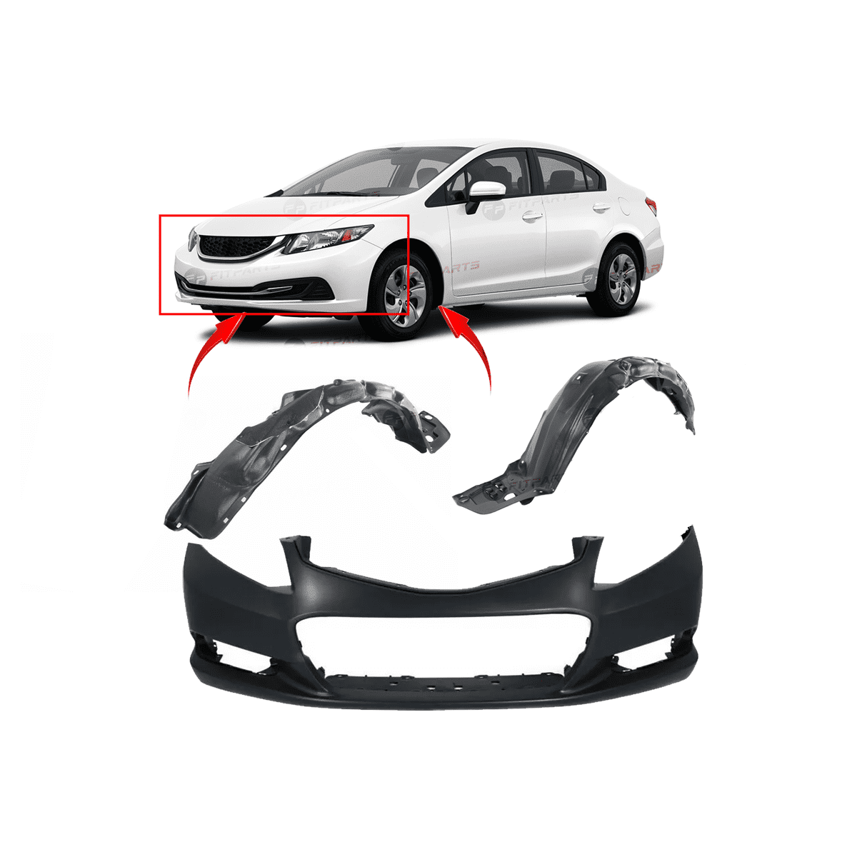 DCP Front Bumper Cover & Fender Liner Kit for Honda Civic 2012-2013 ...