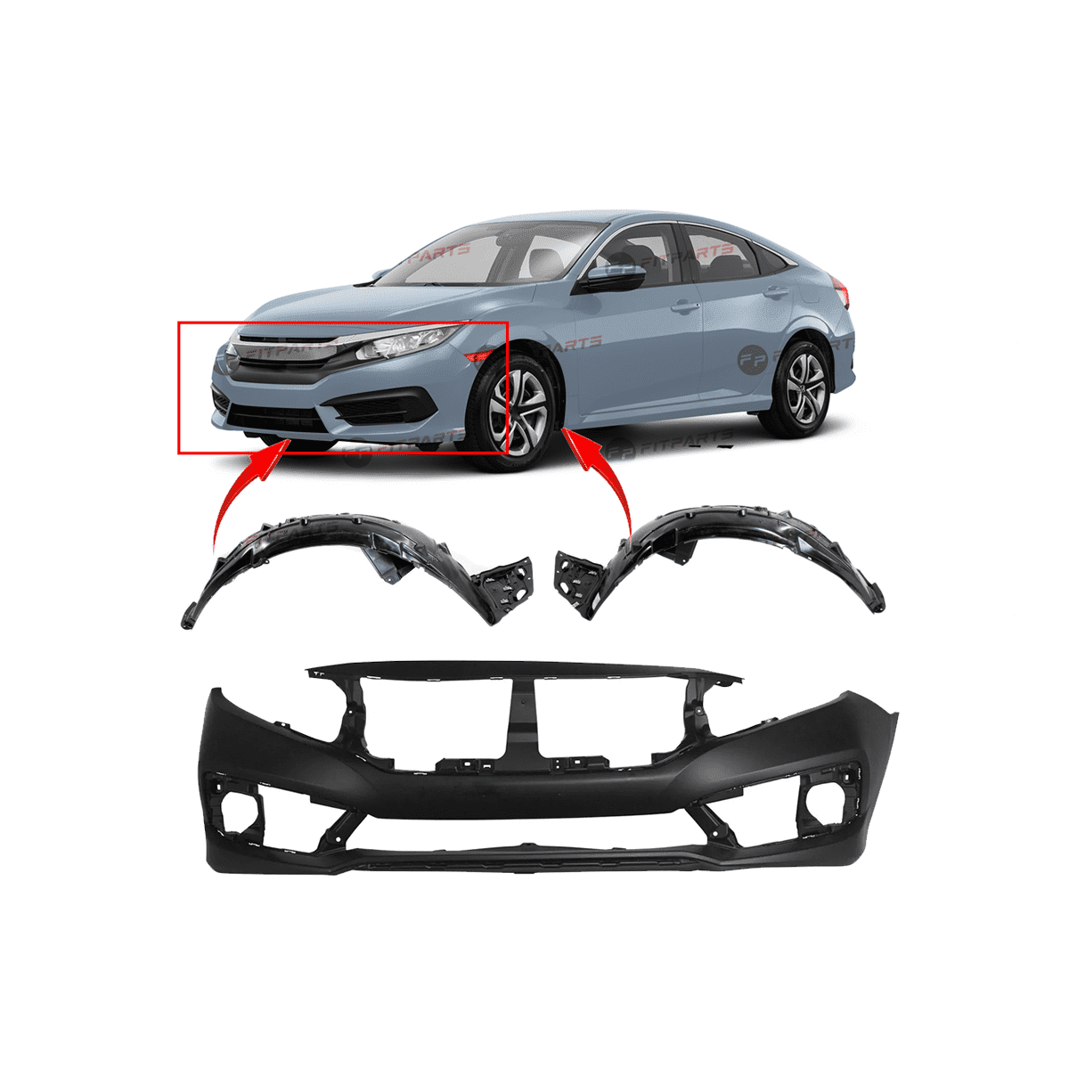 DCP Front Bumper Cover & Fender Liner Kit for Honda Civic 2016-2018 ...