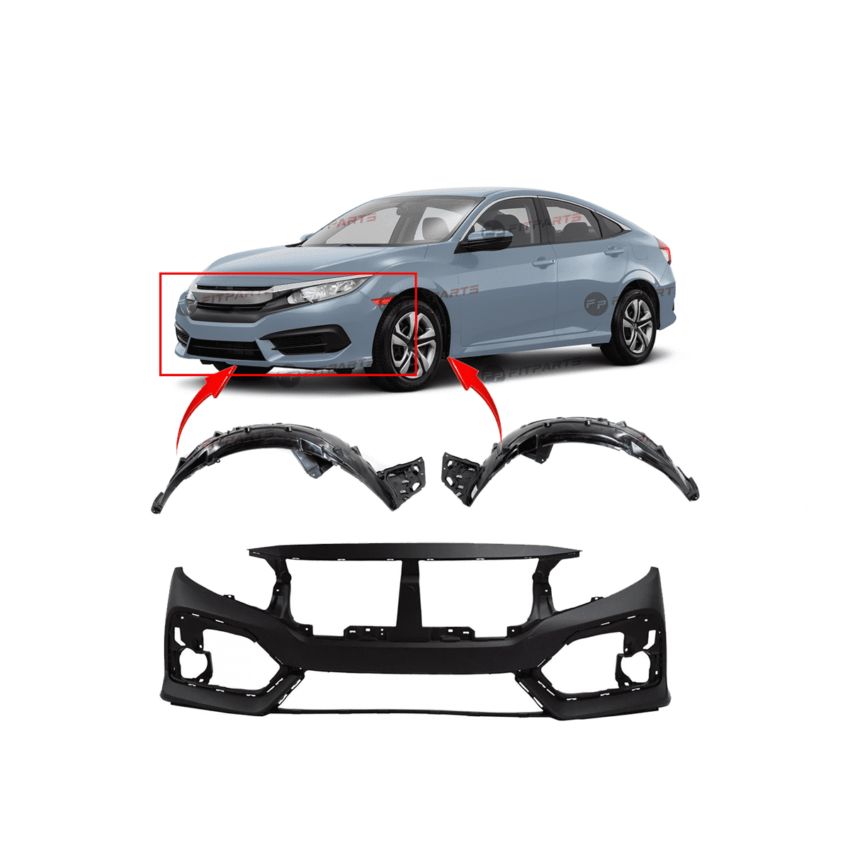 DCP Front Bumper Cover & Fender Liner Kit for Honda Civic 2017-2018 ...