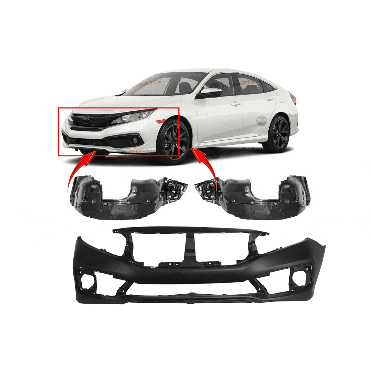 DCP Front Bumper Cover & Fender Liner Kit for Honda Civic 2019-2021 ...